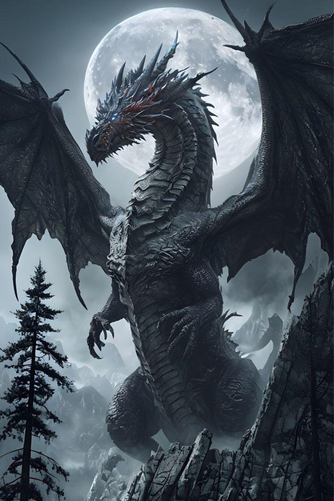 Dragon Rearing up With Wings Extended in Front of Moon., Dragon Poster ...