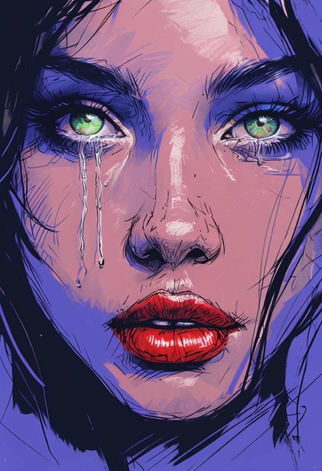Green Eyes Modern Crying Girl Tears Wall Art. Home, Pub, Club Decor ...