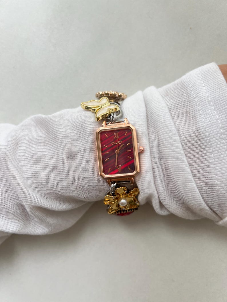 Vintage Charm Watch Bracelet,handmade Wrist Watch,cross Charm Red Watch ...
