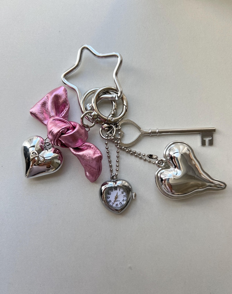 Y2K Pink Bow Keychain, Silver Heart Watch Keychain,star Clasp Keychain ...