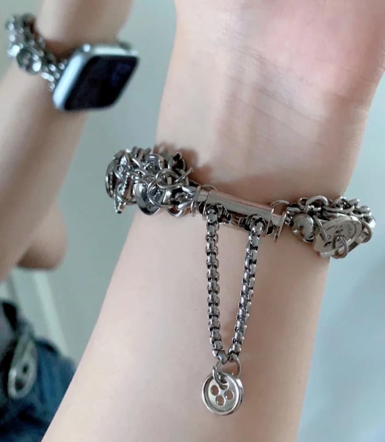 Punk Silver Button Beads Apple Watch Band,silver Button Charm ...