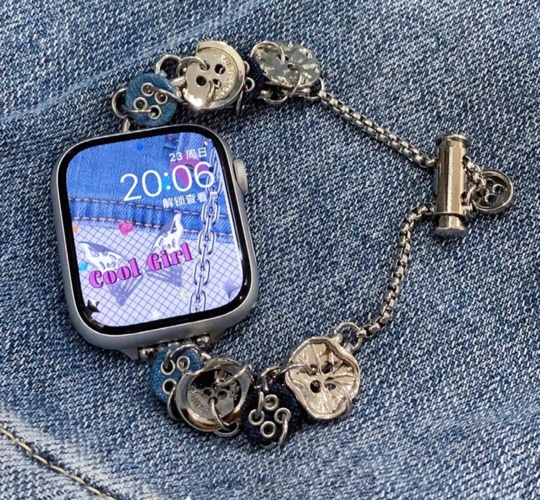 Punk Button Beads Apple Watch Band, Vintage Denim Button Charm Strap ...