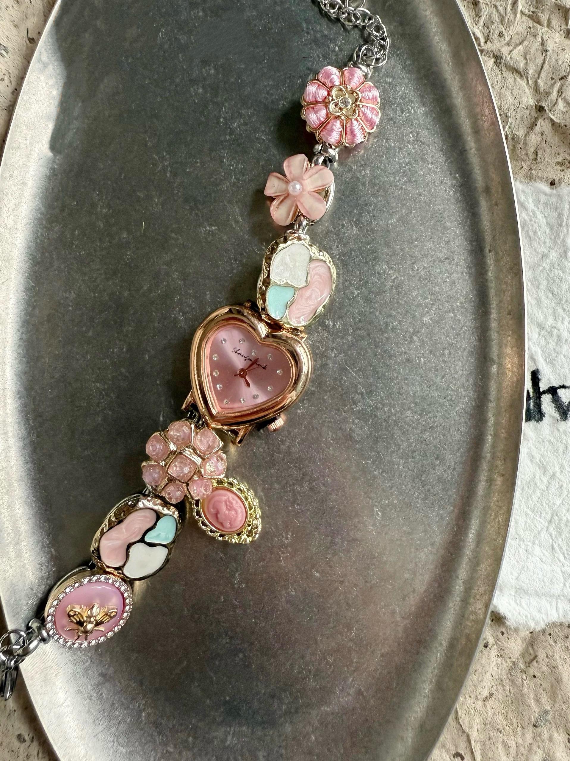 Vintage Pink Watch Bracelet, Vintage Wrist Watch, Heart Watch Bracelet ...