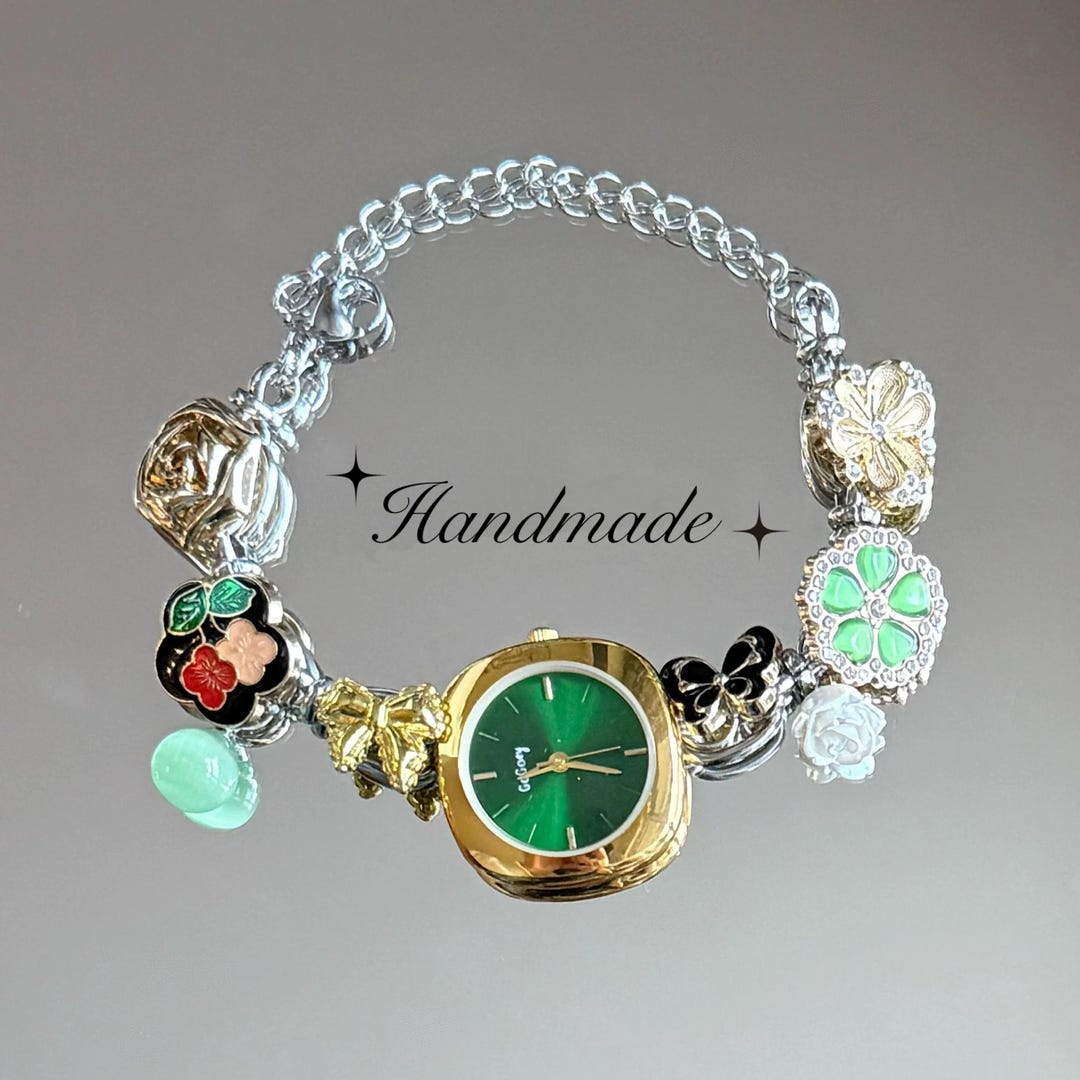 Vintage Green Watch Bracelet, Button Wrist Watch, Green Watch Bracelet ...