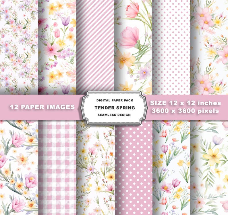 Watercolor Pink Floral Digital Paper, Spring Flowers Seamless ...
