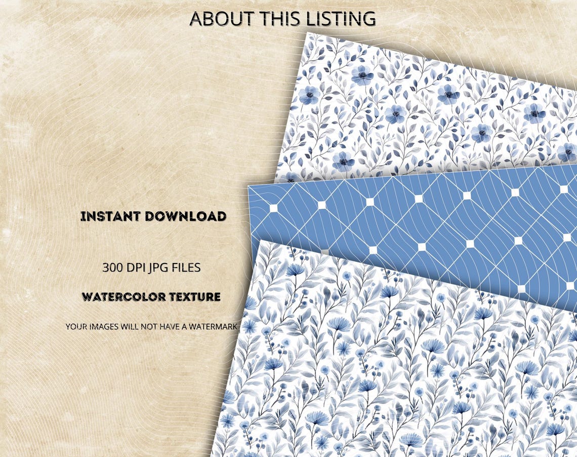 Watercolor Blue Floral Digital Paper, Floral Background, Scrapbooking ...