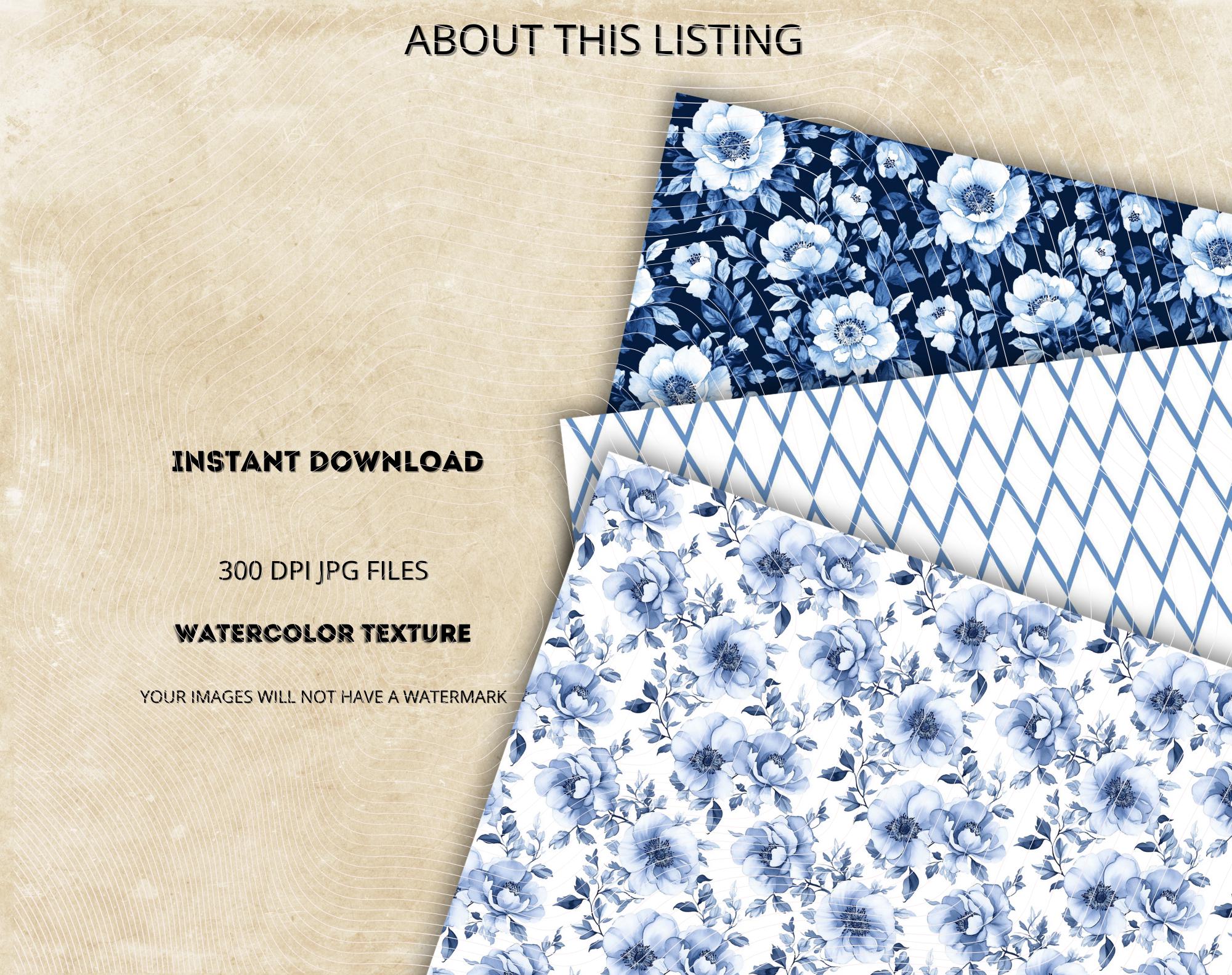 Watercolor Blue Floral Digital Paper, Floral Background, Scrapbooking ...