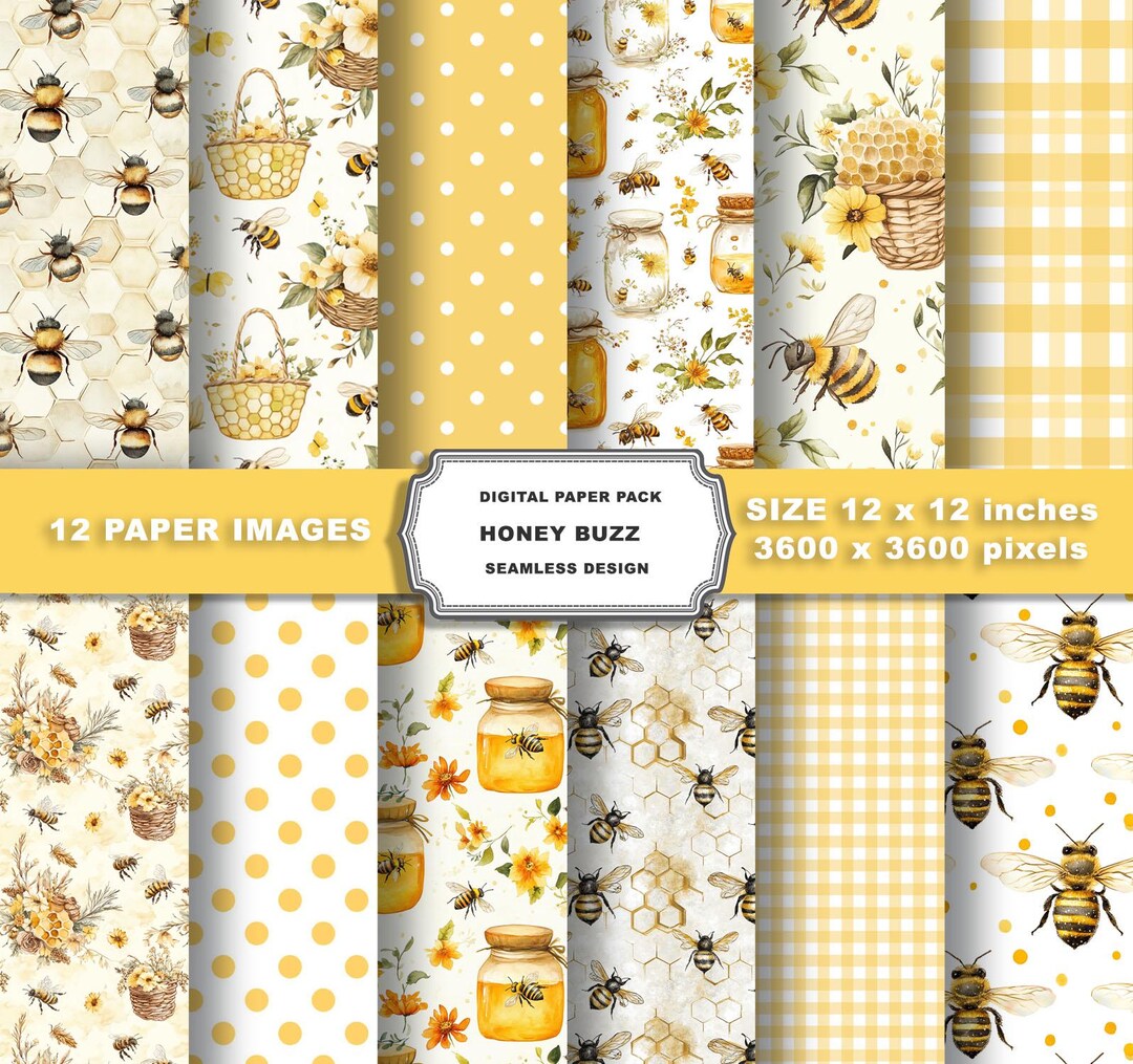 Watercolor Bee Digital Paper, Honeycomb Seamless Pattern, Yellow ...