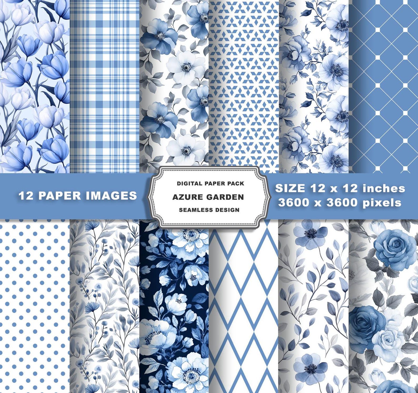 Watercolor Blue Floral Digital Paper, Floral Background, Scrapbooking ...