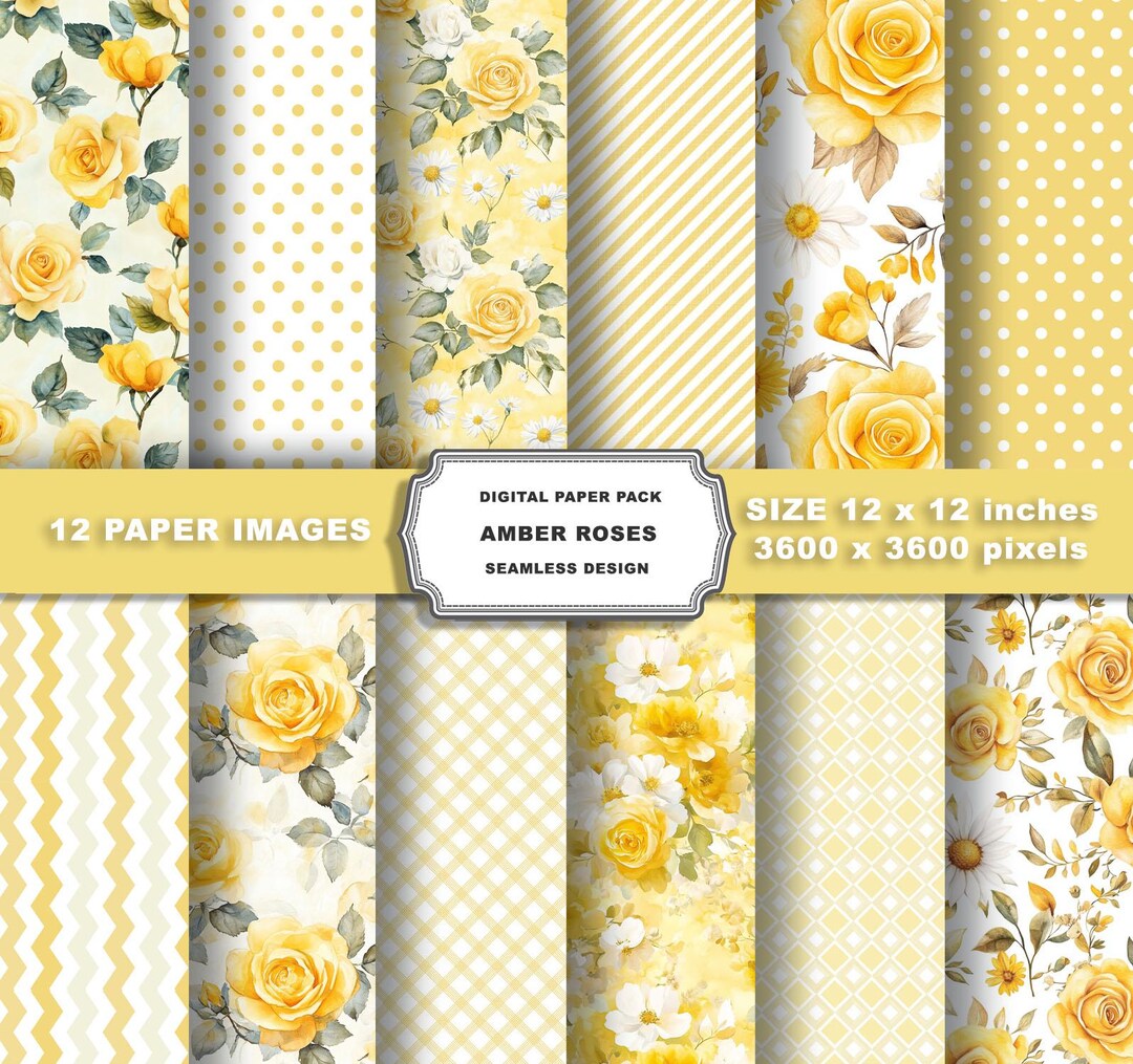 Yellow Rose Watercolor Digital Paper, Seamless Floral Backgrounds ...