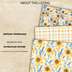 Watercolor Sunflower Digital Paper, Yellow Blue Floral Background ...