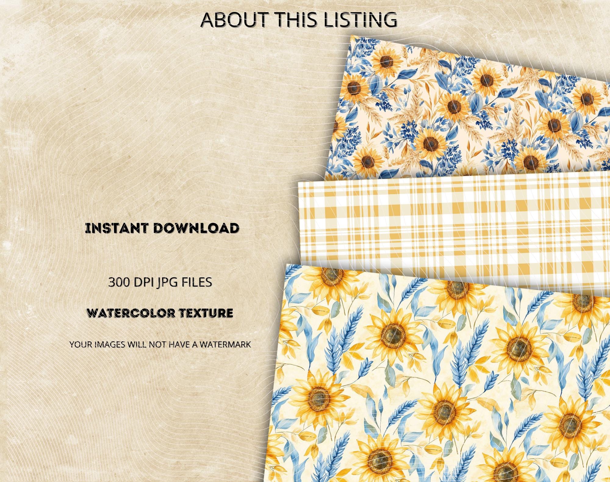 Watercolor Sunflower Digital Paper, Yellow Blue Floral Background ...