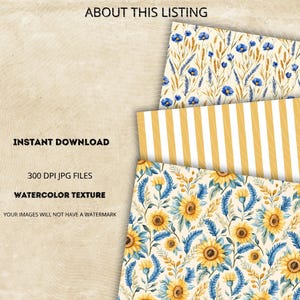 Watercolor Sunflower Digital Paper, Yellow Blue Floral Background ...