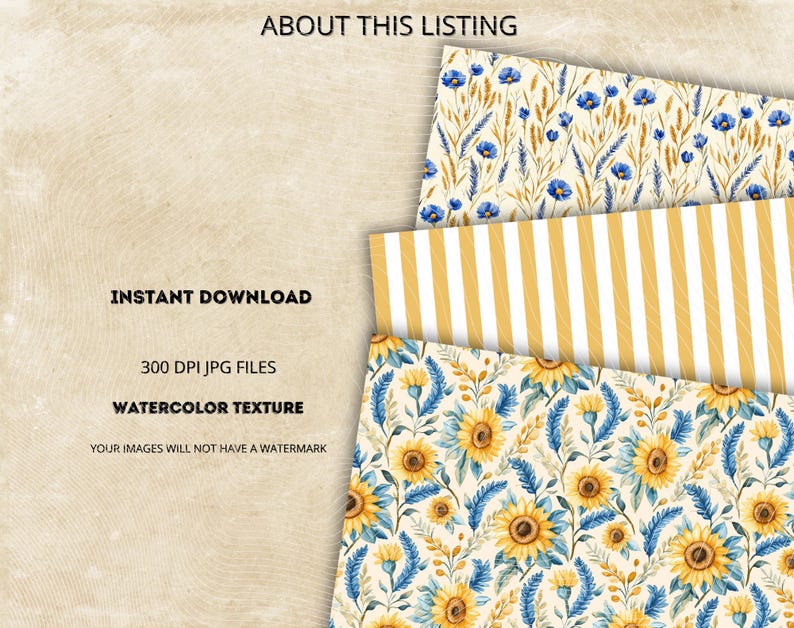 Watercolor Sunflower Digital Paper, Yellow Blue Floral Background ...