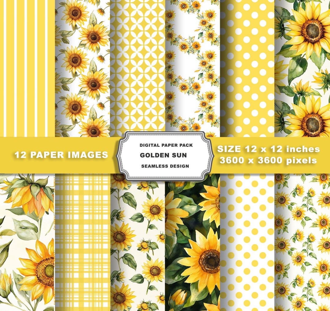 Watercolor Sunflower Digital Paper, Seamless Yellow Floral Pattern ...
