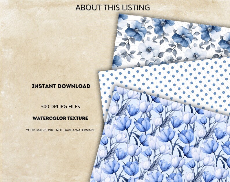 Watercolor Blue Floral Digital Paper, Floral Background, Scrapbooking ...