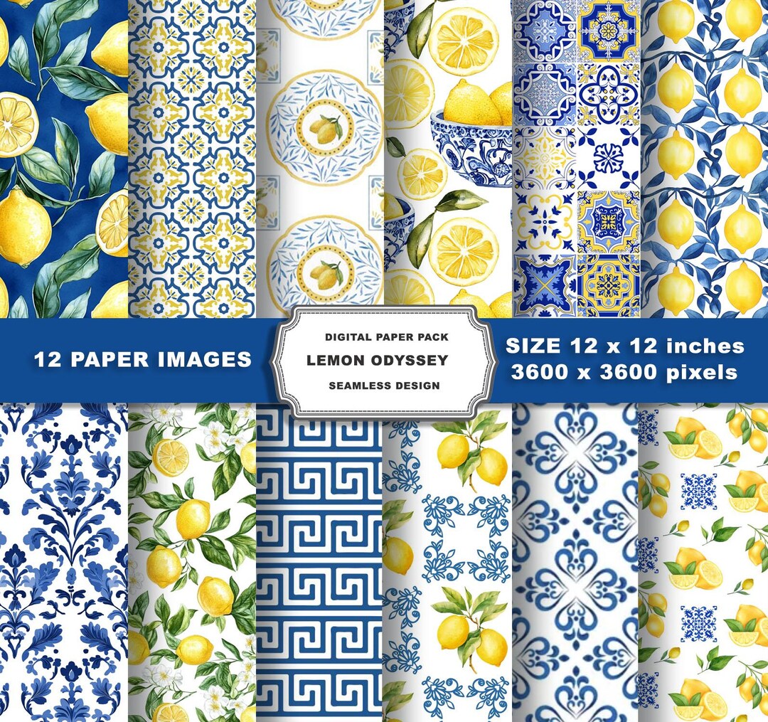 Mediterranean Lemon Digital Paper, Greek Tile Watercolor Patterns ...