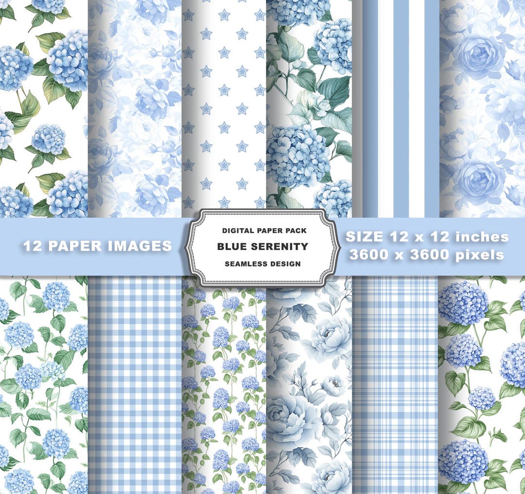 Watercolor Blue Floral Digital Paper, Seamless Flower Pattern, Romantic ...