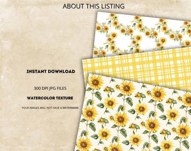Watercolor Sunflower Digital Paper, Seamless Yellow Floral Pattern ...