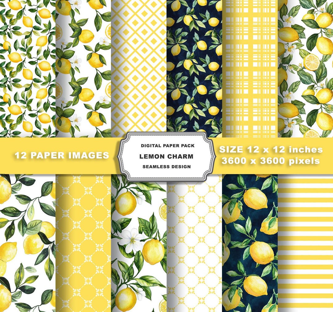 Watercolor Lemon Digital Paper, Yellow Citrus Pattern Pack, Summer ...
