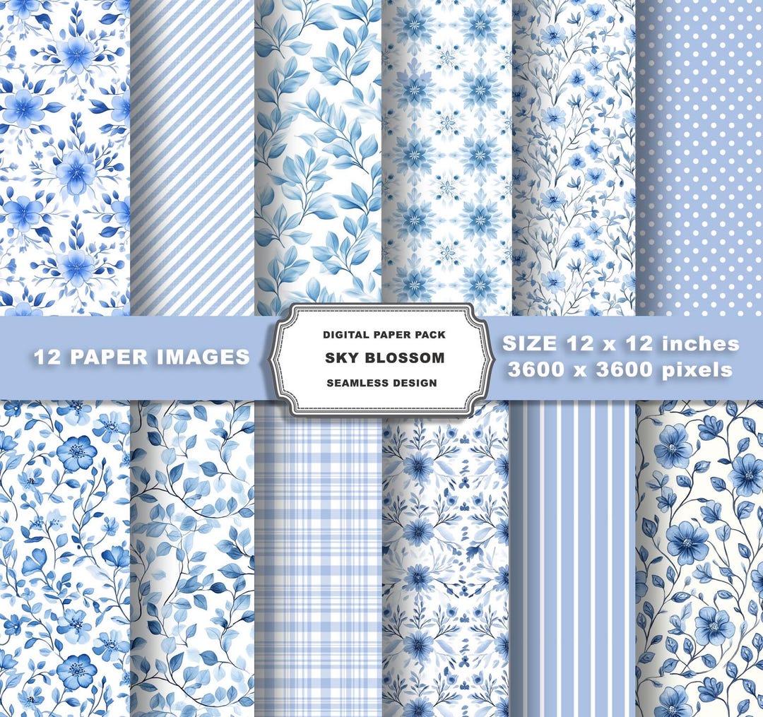 Watercolor Blue Floral Digital Paper, Seamless Shabby Chic Printable ...