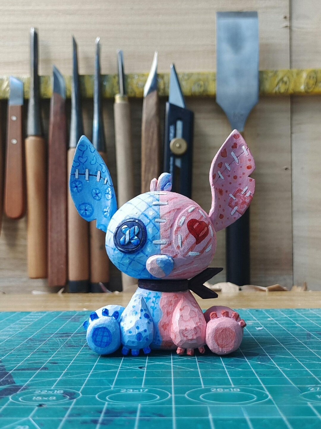Stitch-inspired Hand-carved Linde Wood Figurine, Vibrant Dual-tone ...