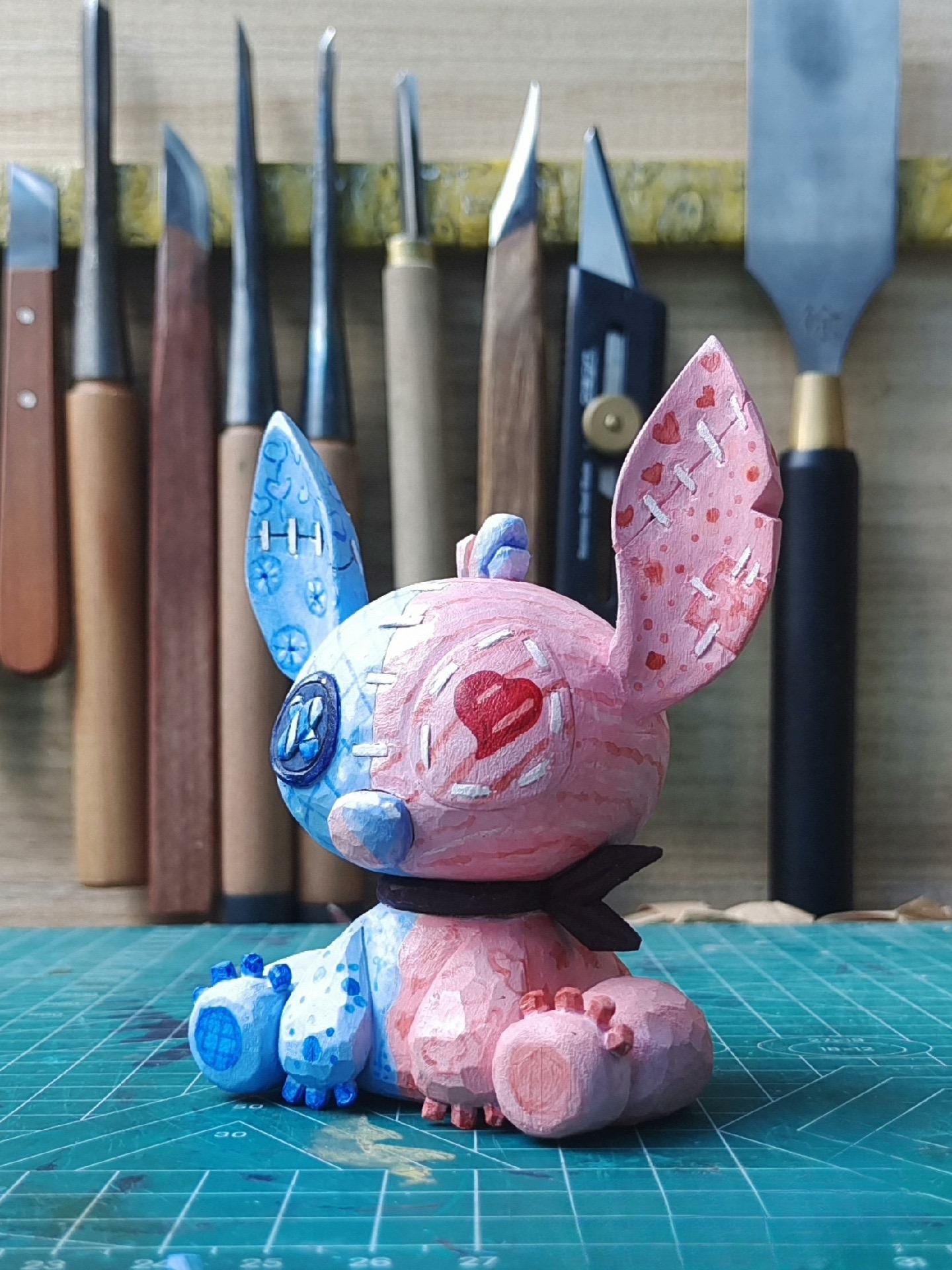 Stitch-inspired Hand-carved Linde Wood Figurine, Vibrant Dual-tone ...