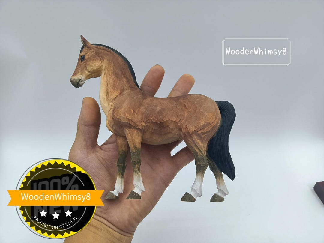 Hand Carved Wooden Horse Figurine: Bay Finish With Visible Tool Marks ...