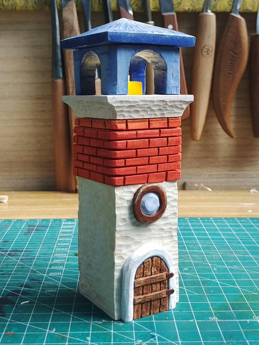 Coastal Lighthouse Sculpture, Hand-painted Linden Wood (4x4x8 In) - Etsy