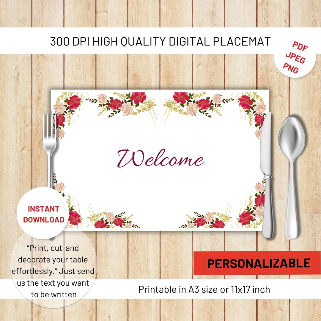 Elegant Gold and Red Floral Printable Placemat | Customizable Digital ...
