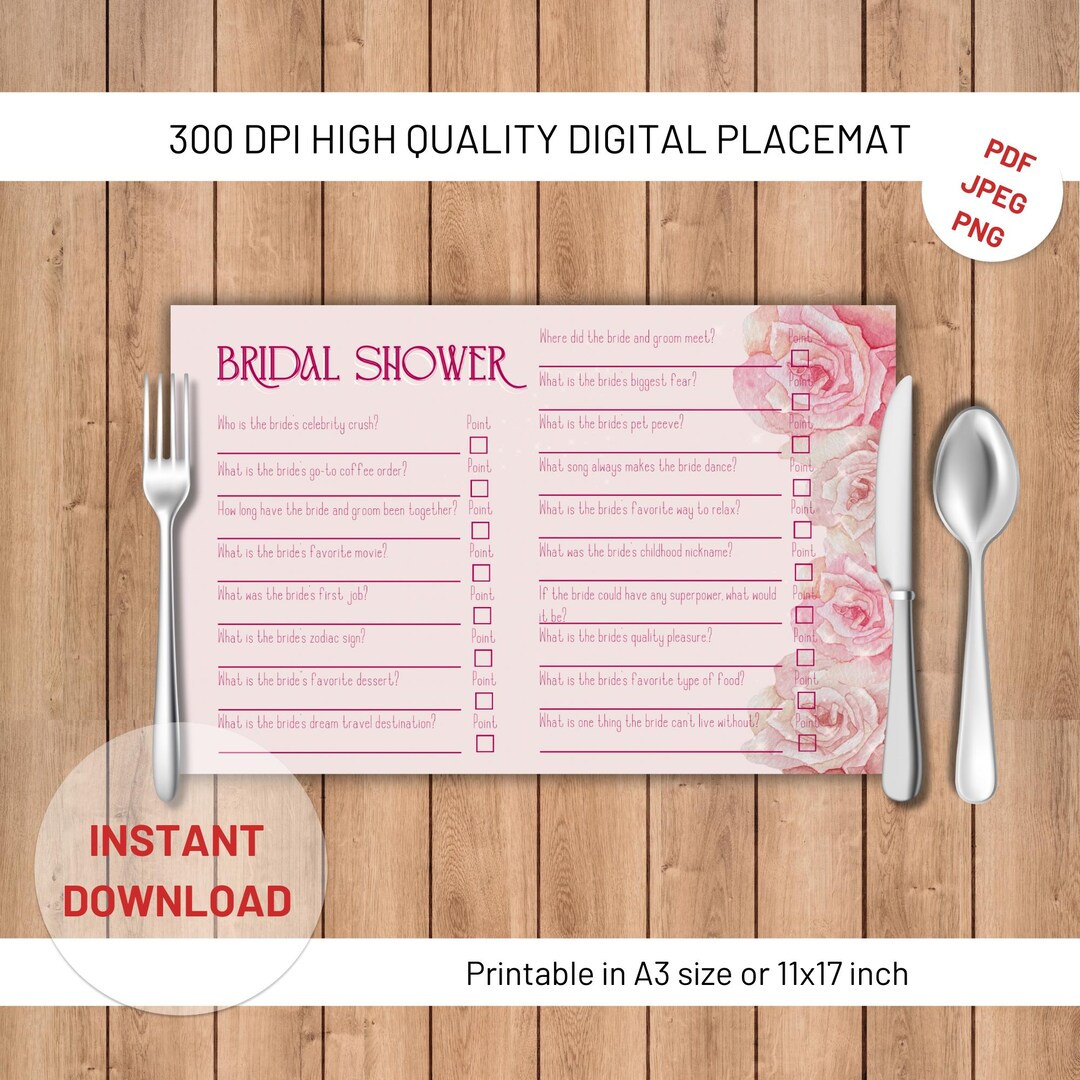 Pink Bridal Shower Placemat, Romantic Bride Quiz, Rose Theme Wedding ...