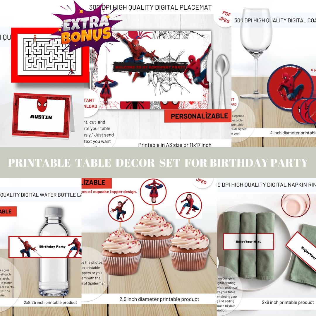 Personalized Spiderman Party Printables Placemat, Cupcake Toppers ...