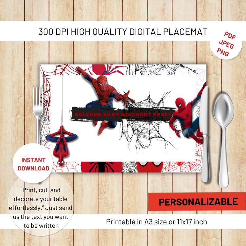 Personalized Spiderman Birthday Digital Placemat A3/17x11 Inches Party ...
