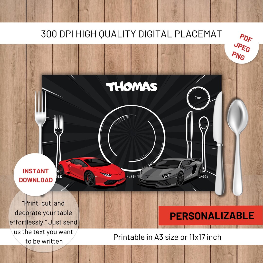 Personalized Race Car Placemat: Red & Black Sports Car Design (digital ...