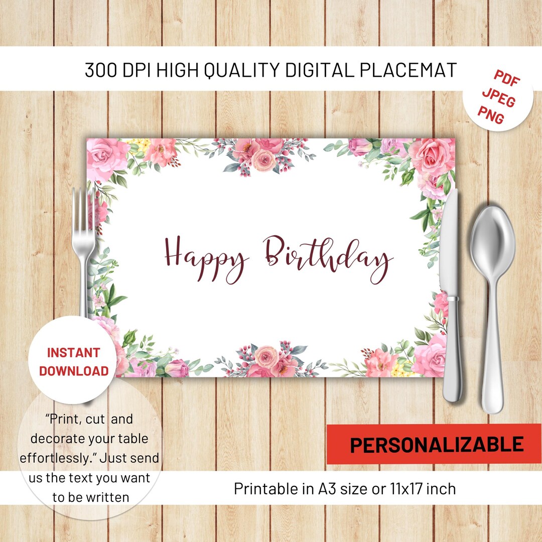 Floral Themed Personalized Digital Placemat - Printable Table Decor ...