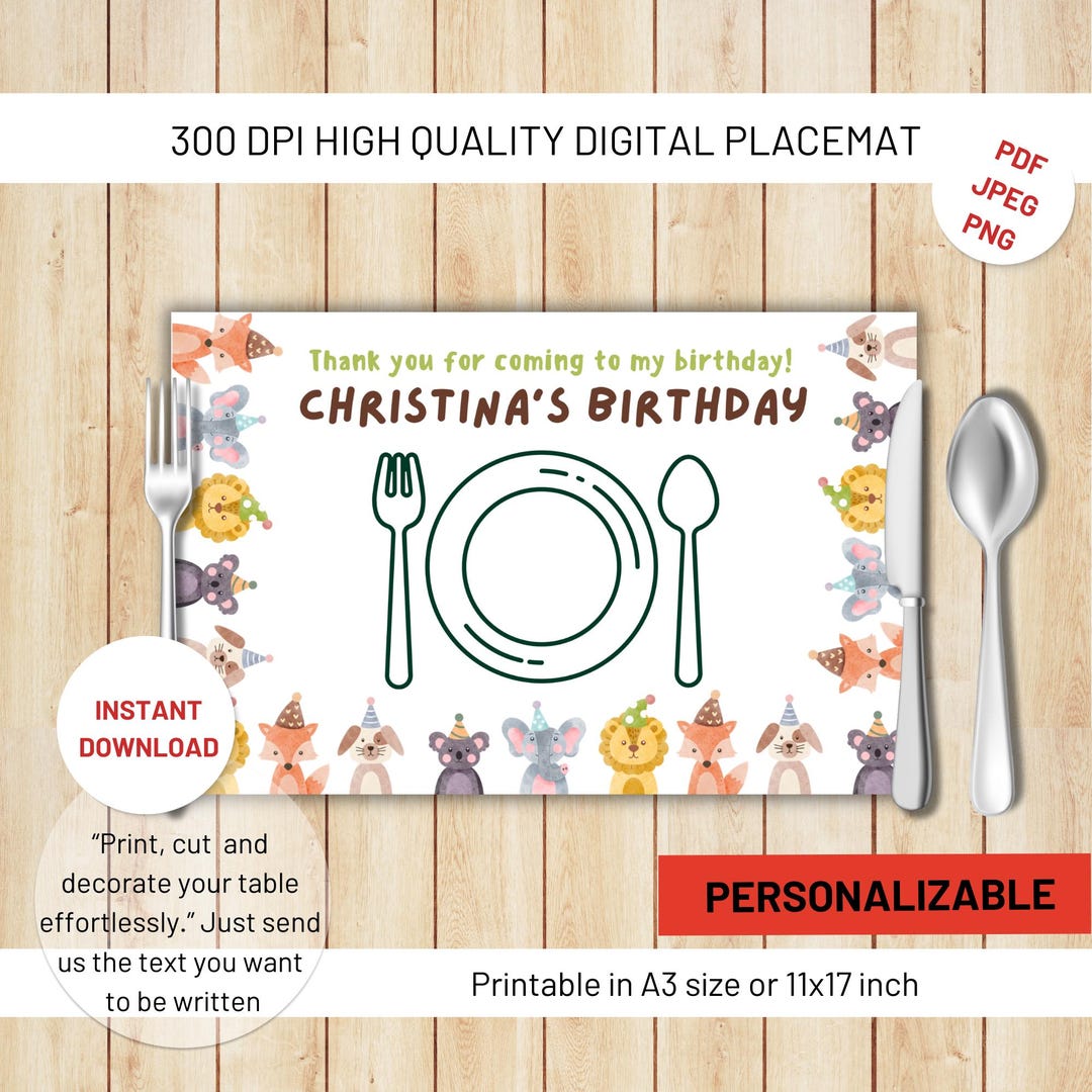 Printable Animal-themed Kids Placemat - Fun Table Decor for Birthdays ...