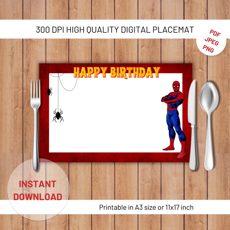 Printable Spiderman Birthday Digital Placemat A3/17x11 Inches Party ...