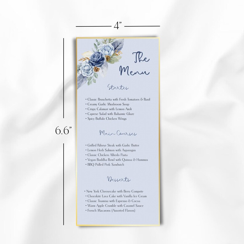 Personalized Floral Menu Card 4x9” | Blue & Gold Dinner Menu for ...