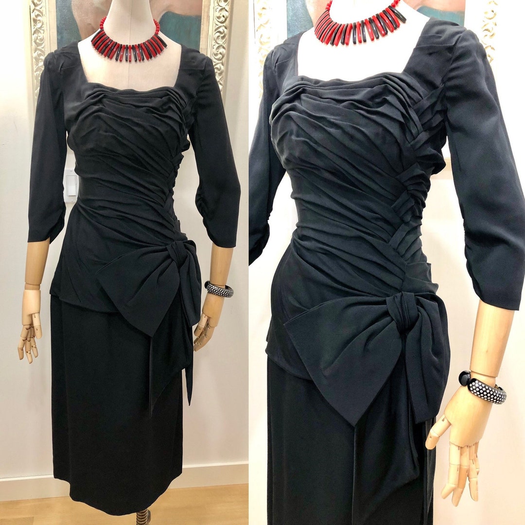 Vamp Vintage 50s Curve Hugging Little Black Dress Ruched Massive Bow ...