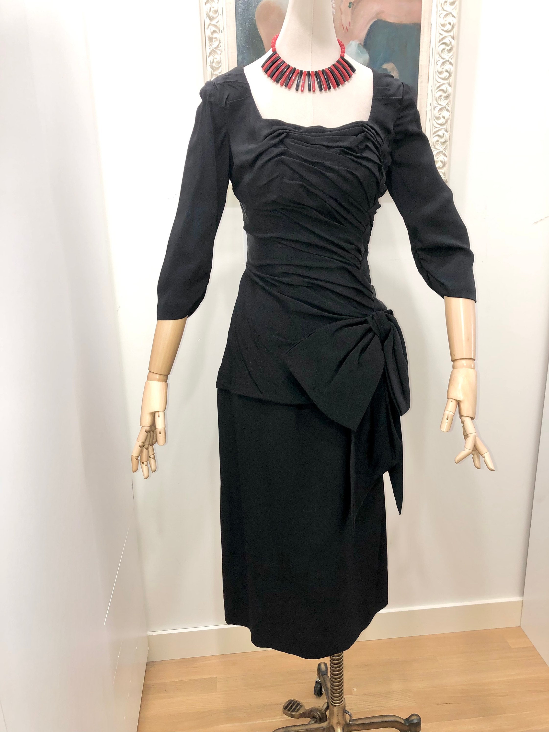 Vamp Vintage 50s Curve Hugging Little Black Dress Ruched Massive Bow ...