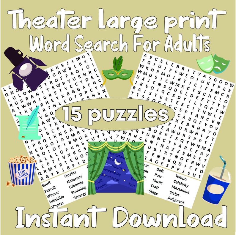 Theater Large Print Word Search for Adults : Activity Games for Adults ...