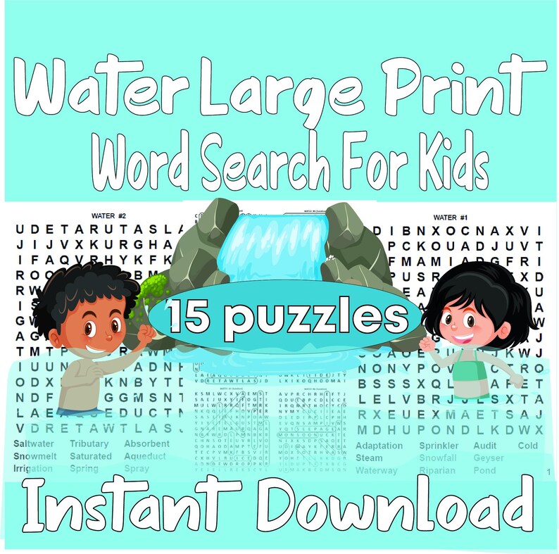 Water Word Search: 15 Large Print Puzzles for Kids (PDF Download) - Etsy