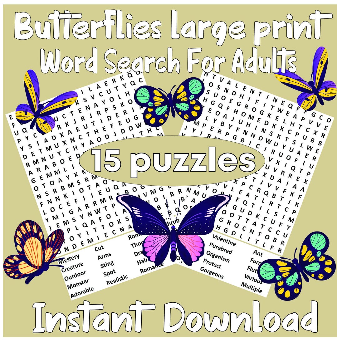 Butterflies Word Search Puzzle Book for Adults: Large Print (digital ...