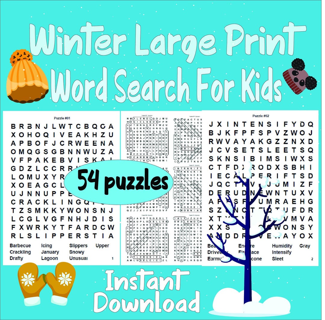 Winter Large Print Word Search for Kids : Seasonal Puzzles Word Search ...