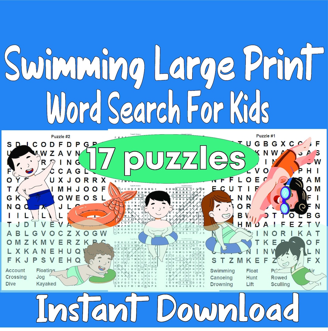Swimming Large Print Word Search for Kids : Activity Games for Kids ...