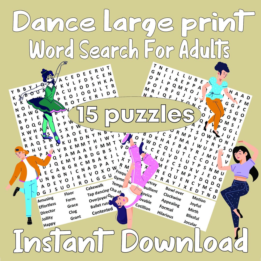 Dance Word Search Puzzle Book: Large Print for Adults (digital Download ...
