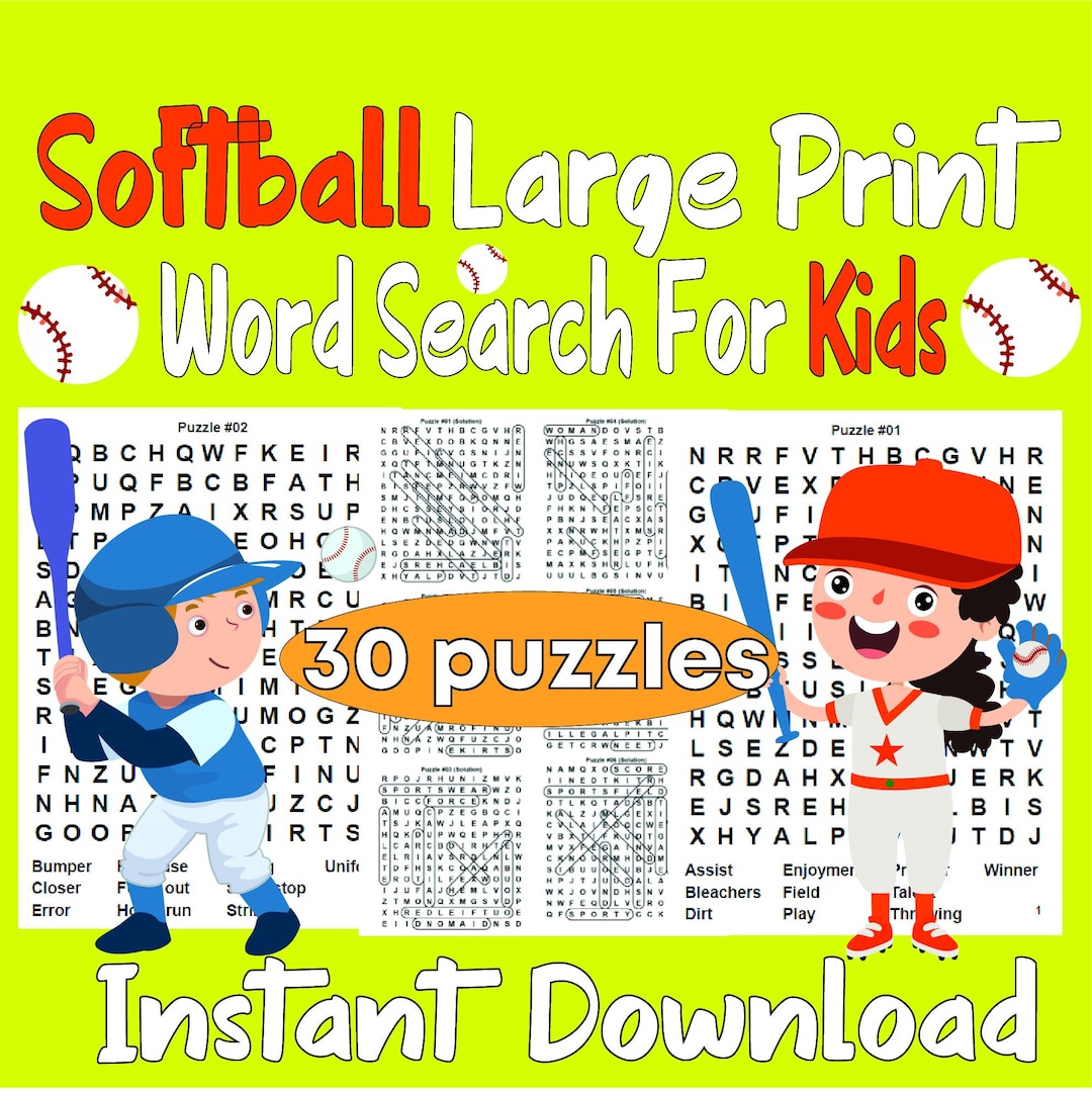 Softball Large Print Word Search for Kids : Activity Games for Kids ...