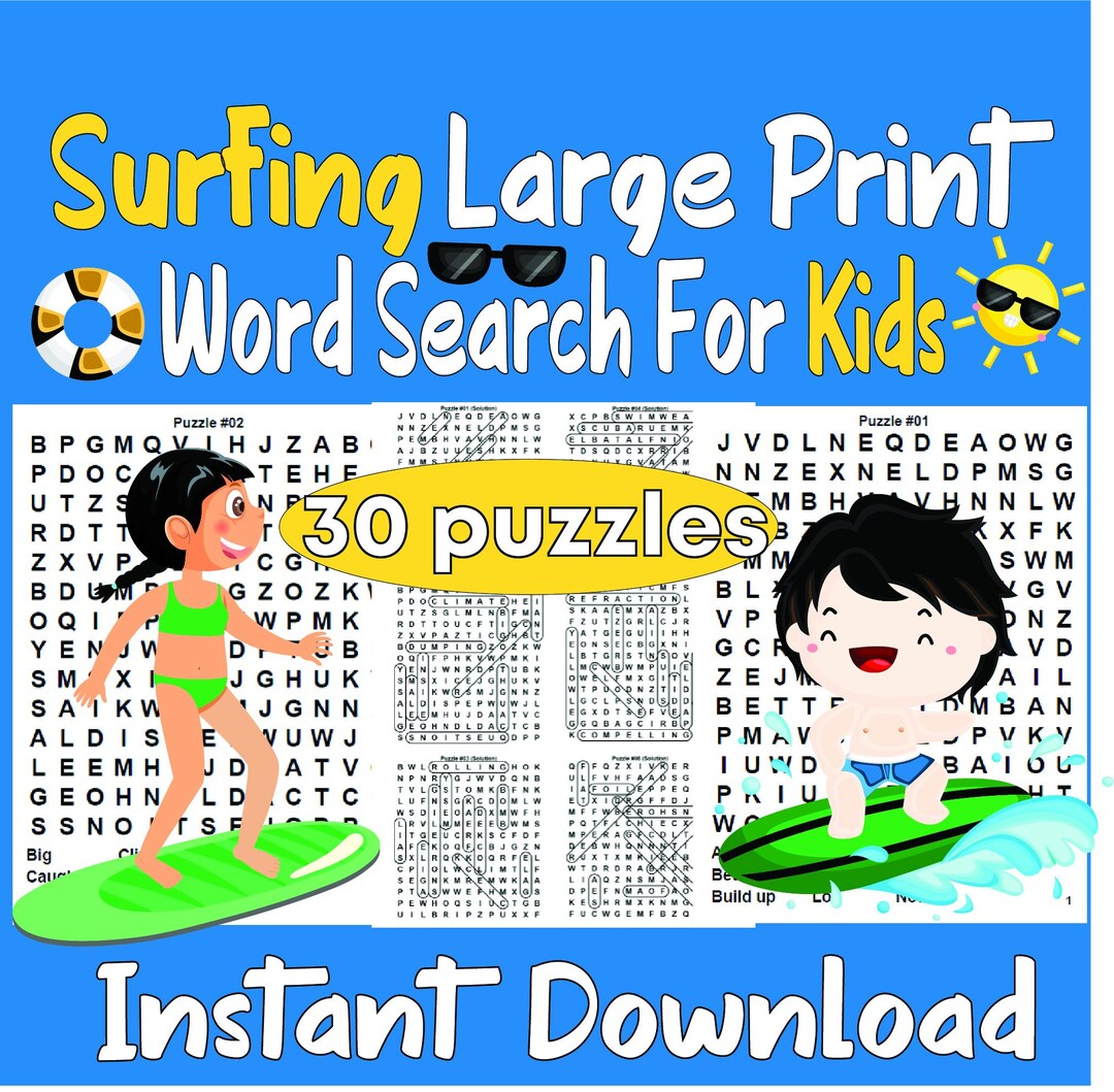 Surfing Large Print Word Search for Kids : Activity Games for Kids ...