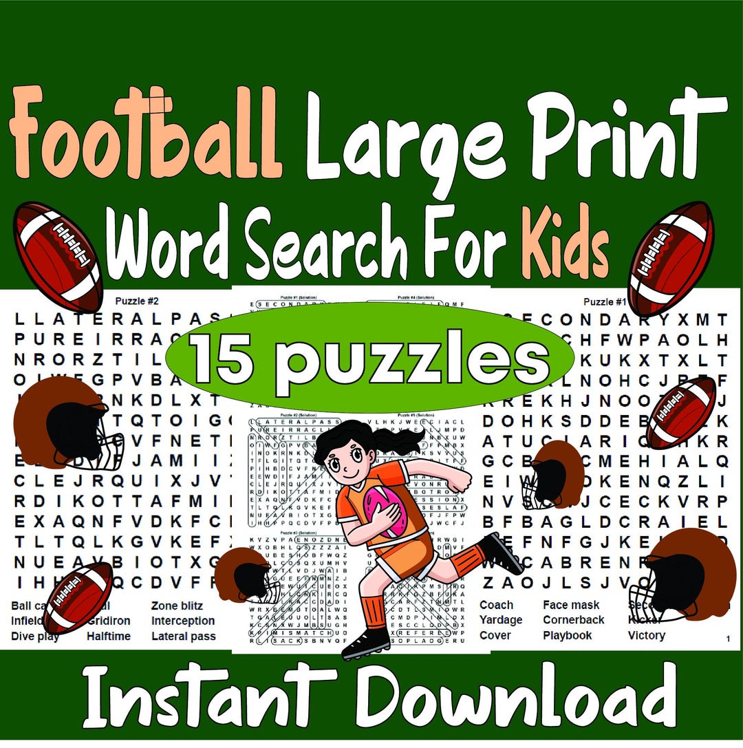 Football Large Print Word Search for Kids : Activity Games for Kids ...