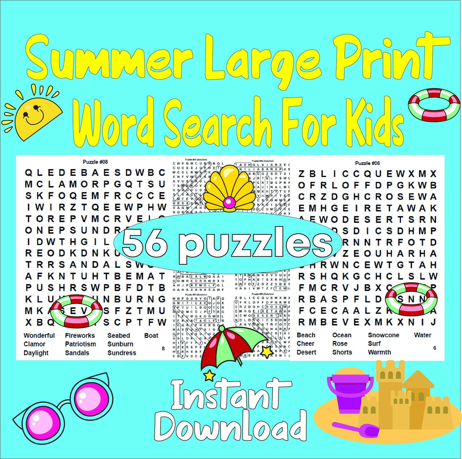 Summer Large Print Word Search for Kids : Seasonal Puzzles Word Search ...